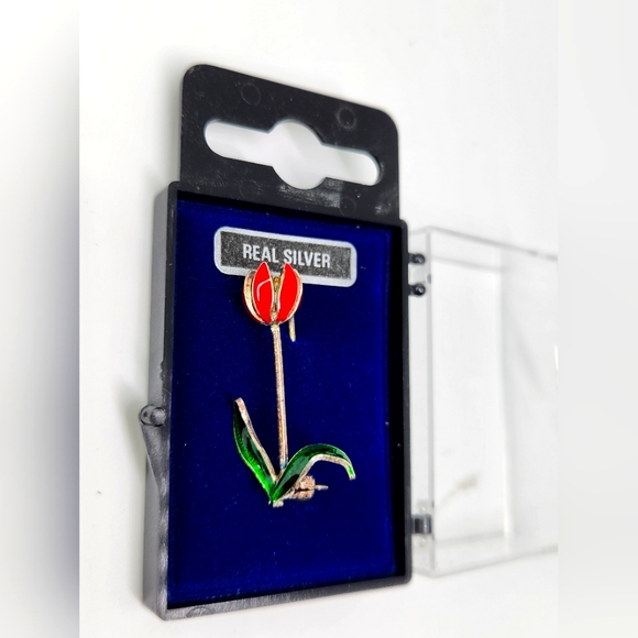 Jewelry | Vintage Sterling Silver Enamel Red Tulip Brooch In Original ...